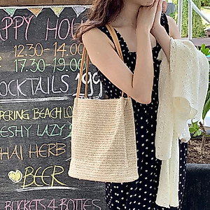 PANYUYI Women Straw Beach Bag Straw Bag Tote Buckets Totes Beach Shoulder Bag Beach Tote Bag Summer Handbag Straw Woven Purse (Large, Light Beige)