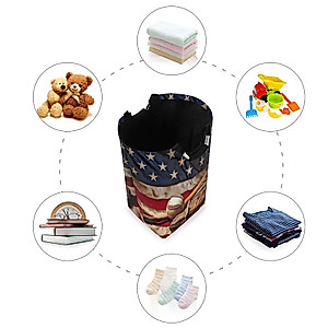 YETTASBIN Baseball American Flag Laundry Hamper, Waterproof Foldable Laundry Basket Large Dirty Clothes Toys Storage Basket with Handle for Bathroom, Bedroom, Laundry Room, Playroom