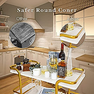 Jubao Gold Bar Cart with 3 Tiers for Stylish Storage, Home Bar Serving Cart with 4 Rows of Glass Holders & 8 Wine Racks, Modern Marbled Solid Wood Cart on Lockable Wheels, Coffee Bar Cart for Kitchen