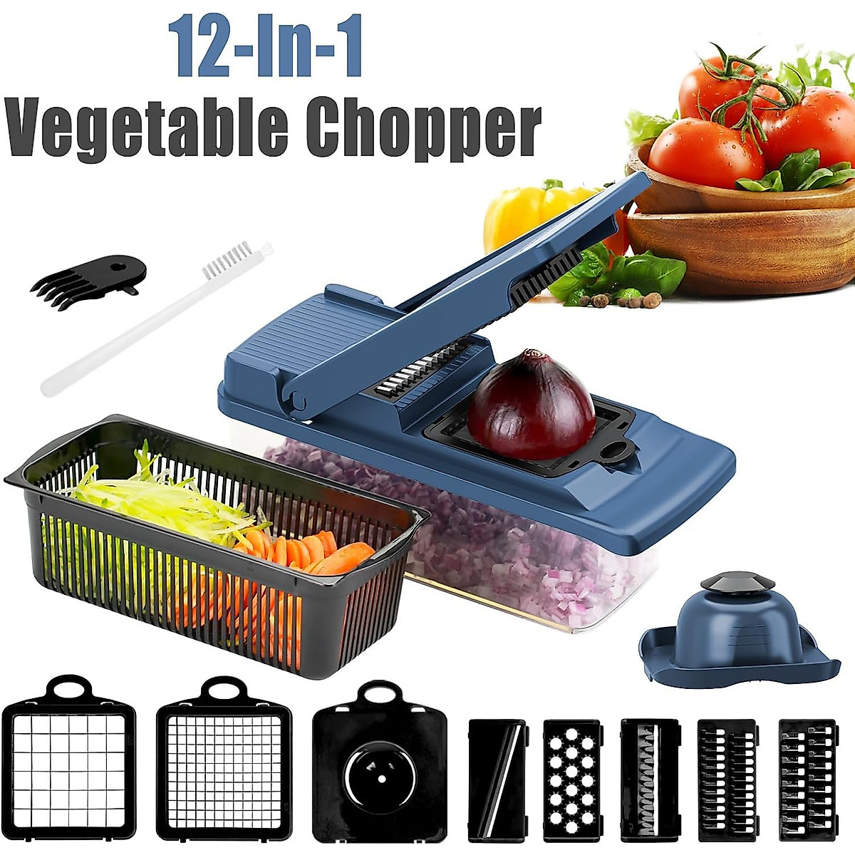 Pro Vegetable Chopper, Onion Chopper Slicer Dicer with Container, Food Chopper Vegetable Slicer, Veggie Chopper Slicer Dicer Cutter, 12-in-1 Mandoline Slicer, Blue
