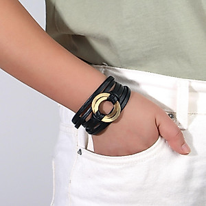 Circle Charm Bracelets for Women Handmade Black Leather Wrap Bracelets for Women Bohemian Couples Friendship Bracelet Cuff Bangle Boho Jewelry Gift for Sisters, Wife and Mother