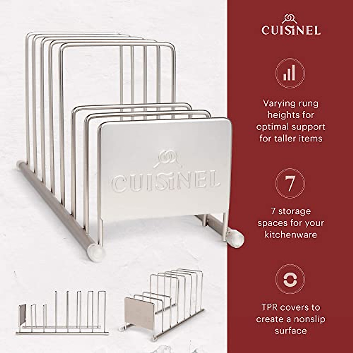 Cuisinel Lid and Dish Organizer Rack - Satin Nickel Silver Kitchen Storage Organization Stand - Plate Holder, Pan/Pot Covers, Cutting Board and Cookie Sheet Divider - 7-Tier Cabinet/Counter Display