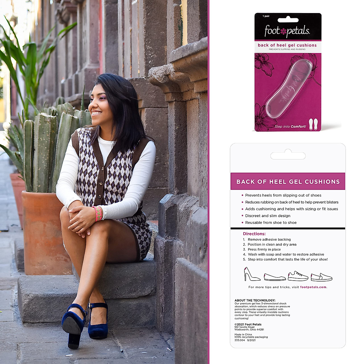 Foot Petals Womens Back of Heel Cushion Inserts, Heel Protectors, Comfortable Heel Grip for Pain Relief and Sizing, 3 pair, Gel