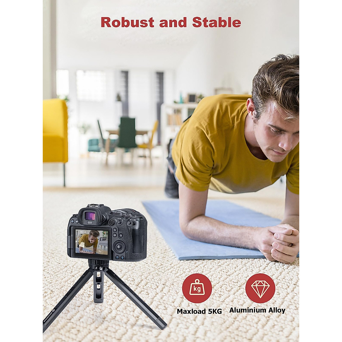 Mini Camera Tripod, Moman Tabletop Travel Tripod Desktop TR01S with 1/4 and 3/8 Screw Mount and Function Leg CNC Aluminum Design for Camcorder Gimbal Stabilizers Max Payload of 5Kg, Black