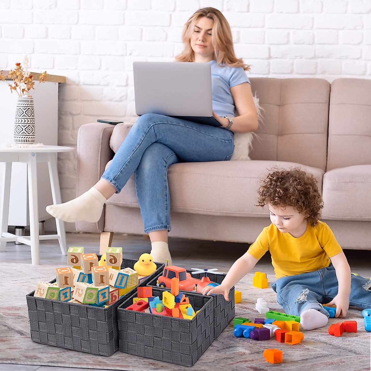 Posprica Woven Storage Baskets for Organizing 6 Pack, Large&Small Storage Cube Bins Set for Bathroom, Storage Boxes Container for Drawer, Closet, Shelf, Dresser, Dark Grey