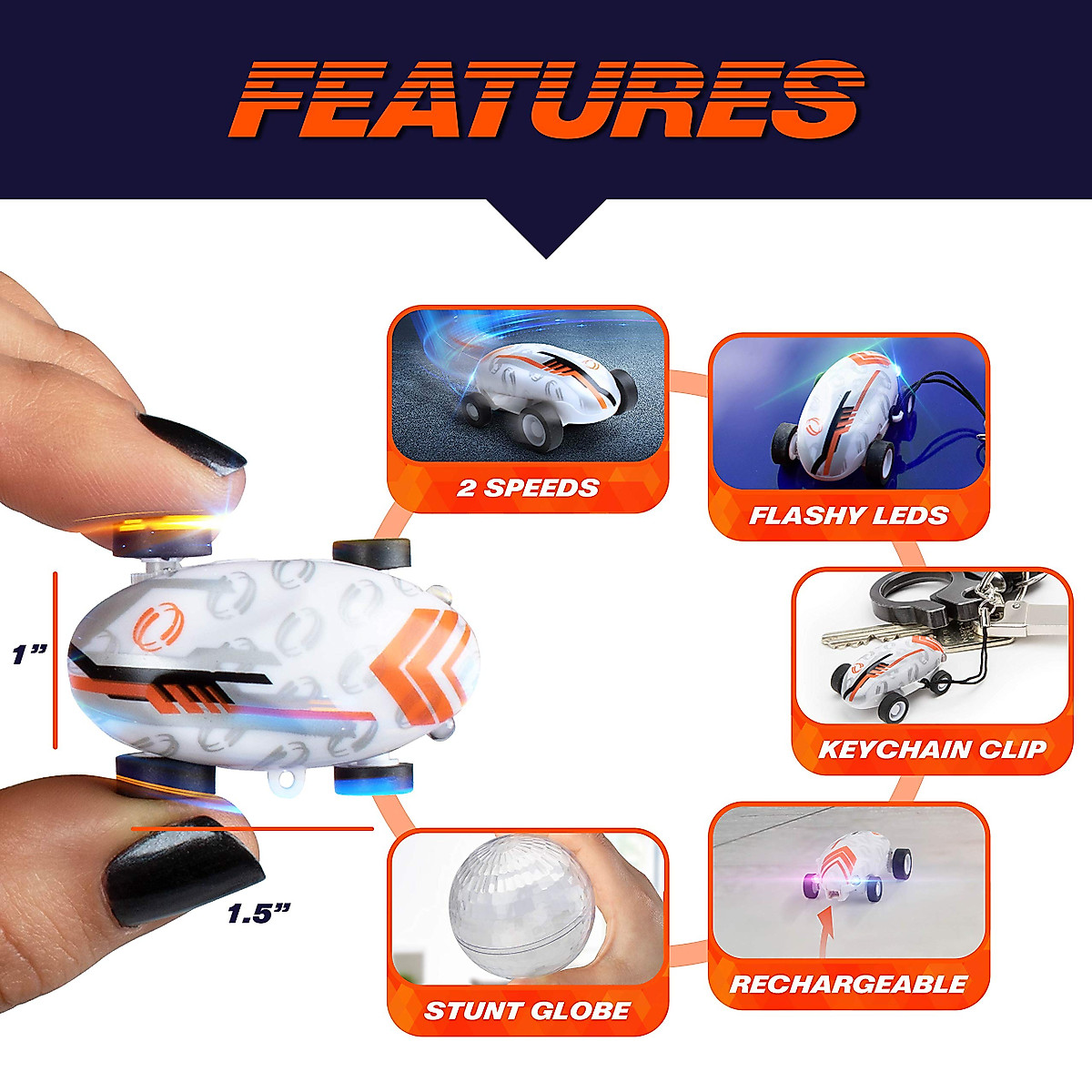 USA Toyz Whipz Micro Racers Toy Cars for Kids - Mini Keychain Car, Glow in The Dark LED Fast Pocket Racer Fidget Toy, Mini Car Spinner with Racing Stunt Ball, Keychain Clip, and USB Charger