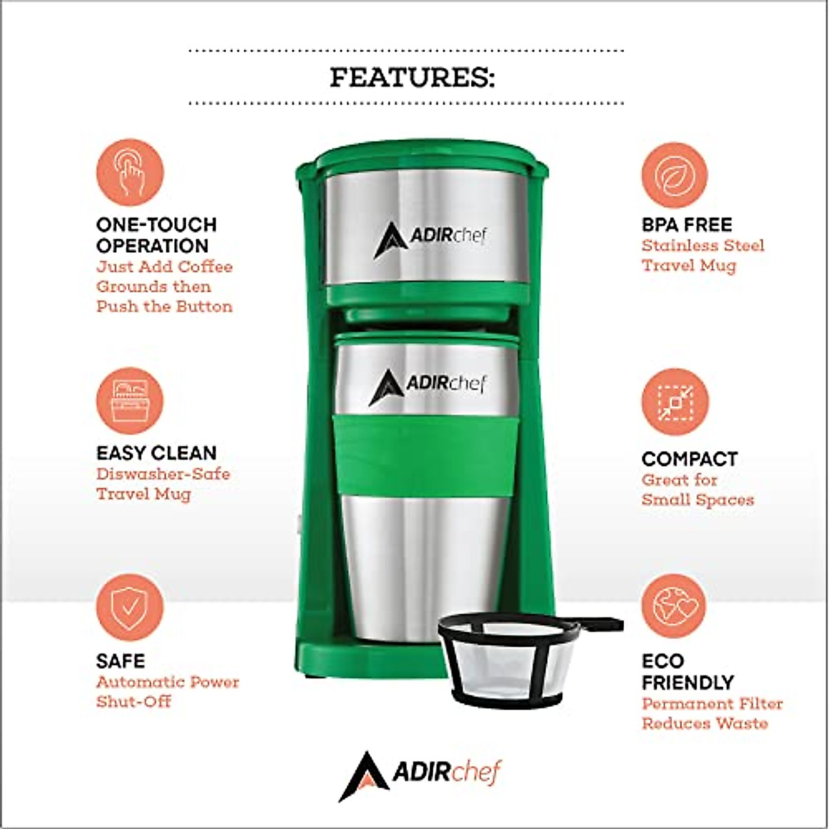 AdirChef Single Serve Mini Travel Coffee Maker & 15 oz. Travel Mug Coffee Tumbler & Reusable Filter for Home, Office, Camping, Portable Small and Compact (Green)
