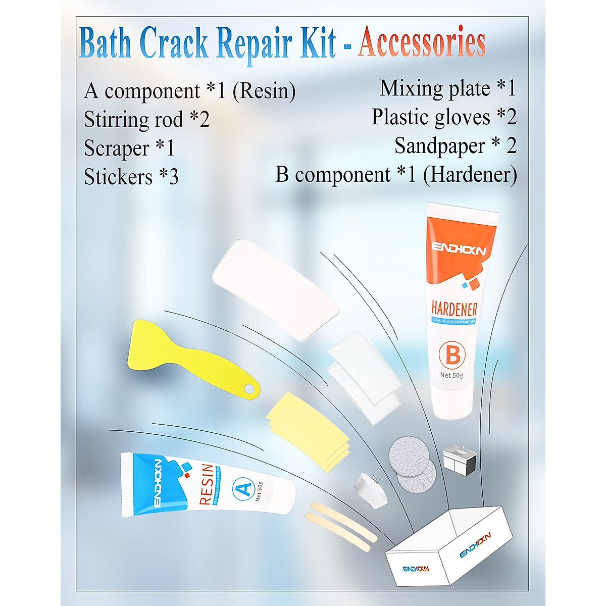 Bath Repair Kit White, Endhokn Enamel, Porcelain, Acrylic, Fiberglass, Ceramic Sink, Tub Tile Toilet Shower Kit & Tray & Chip & Pedestal Crack Hole Scratches Repair