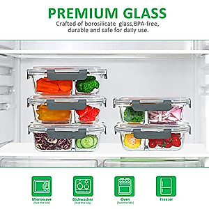 KOMUEE Glass Meal Prep Containers 2 Compartments,Glass Lunch Containers Set Glass Food Storage Containers with Lids,Glass Bento Box,Gray