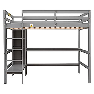 Harper & Bright Designs Full Size Loft Bed with Desk and Storage Shelves, Solid Wood Full Loft Bed Frame with Sturdy Slats for Kids Teens Adults, Easy to Assemble (Full, Gray), Grey