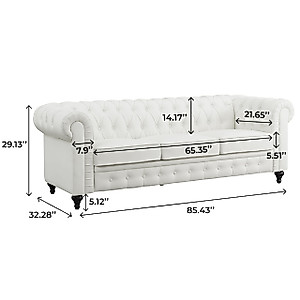Naomi Home Emery Chesterfield Sofa with Rolled Arms, Tufted Cushions / 3 Seater Sectional Sofa Couch for Small Spaces, Living Room, Bedroom, Apartment Easy Tool-Free Assembly – Off White