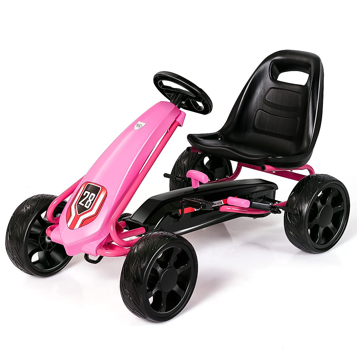 Costzon Pedal Go Kart for Kids, 4 Wheels Pedal Powered Ride on Toy, Outdoor Racer Children's Foot on Riding Car w/Adjustable Seat, Rubber Tires & 2 Brakes for Boys & Girls Age 3 to 8 (Pink)