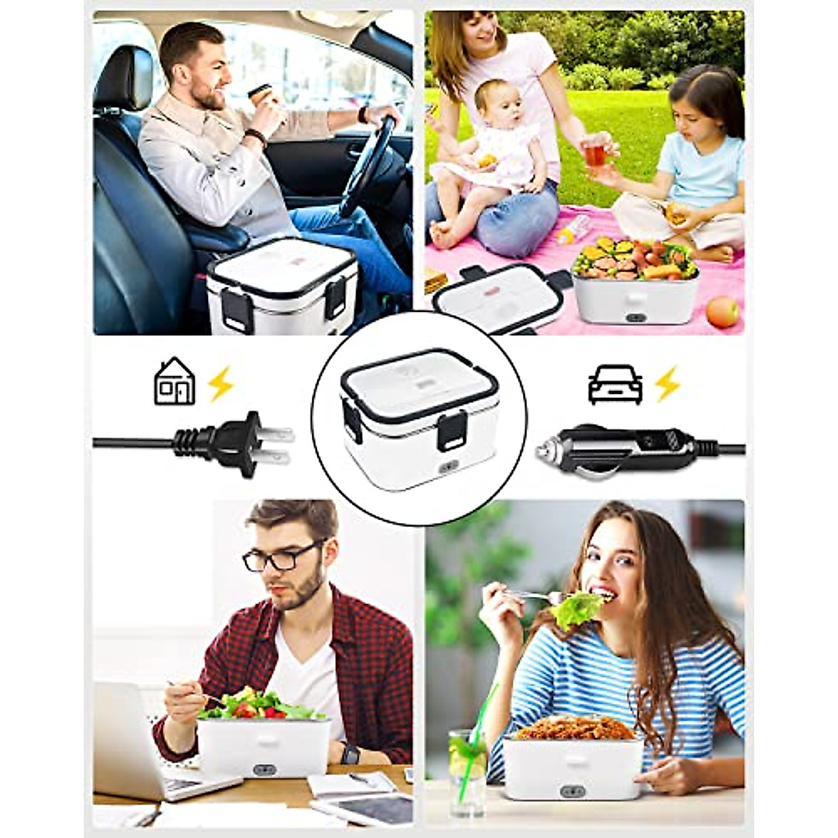 AUTOPkio Electric Lunch Box 1.8L, 12V 24V 110V Heated Lunchbox Food Warmer for Car Home Truck Driver Work, Removable Stainless Steel Container, Fork & Spoon (Grey)