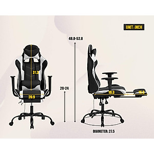 Vnewone Computer Gaming Chair Office PC Ergonomic Home Executive Desk Racing Rolling Swivel Task Adjustable High-Back PU Leather with Lumbar Support Footrest Headrest Armrest Massager, White