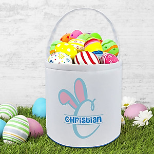 WQingot Personalized Easter Basket Custom with Name Customized Candy Egg Easter Buny Tote Bags Carry for Girls Boys Happy Easter Gift Deco Blue