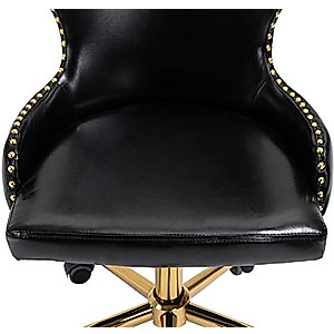 Meridian Furniture 167Black Hendrix Collection Modern Contemporary Vegan Leather Upholstered Swivel Adjustable Office Chair with Button Tufting and Gold Base, Black, 21.5" W x 24" D x 30.3"-32.6" H