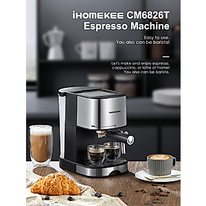 Ihomekee Espresso Machine 15 Bar Pump Pressure, Espresso and Cappuccino Coffee Maker with Milk Frother/Steam Wand for Latte, Mocha, Cappuccino, Silver - CM6826T
