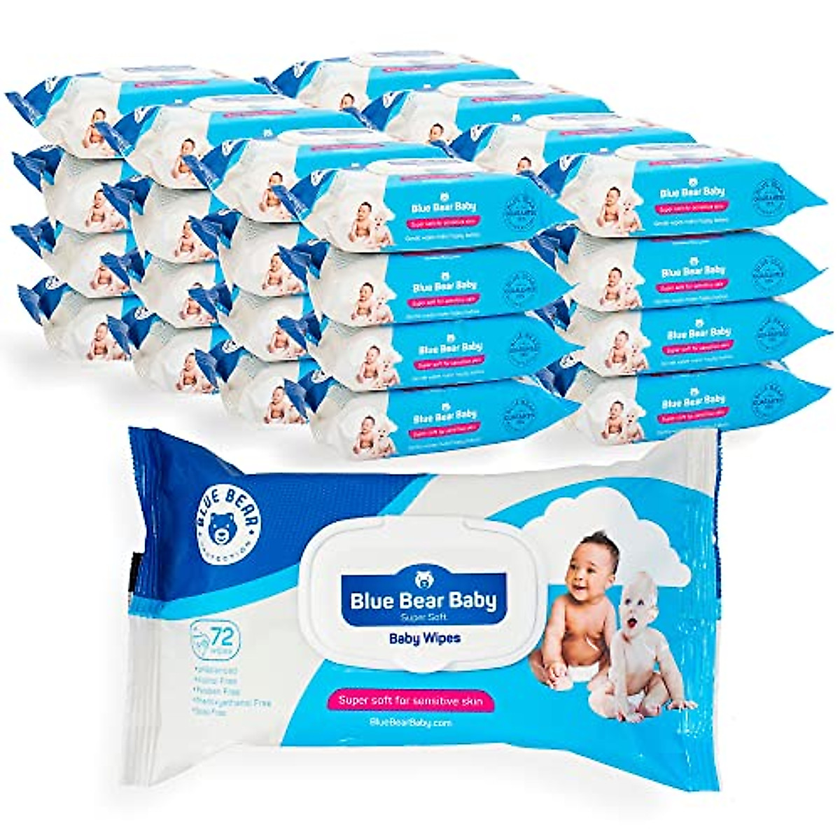 Blue Bear Protection Baby Wipes Sensitive Formula, Ultra Gentle & Hypoallergenic Wet Wipes Baby, Baby Wipes Bulk, Travel Baby Wipes, Baby Face Wipes 2304 Count (Pack of 32)