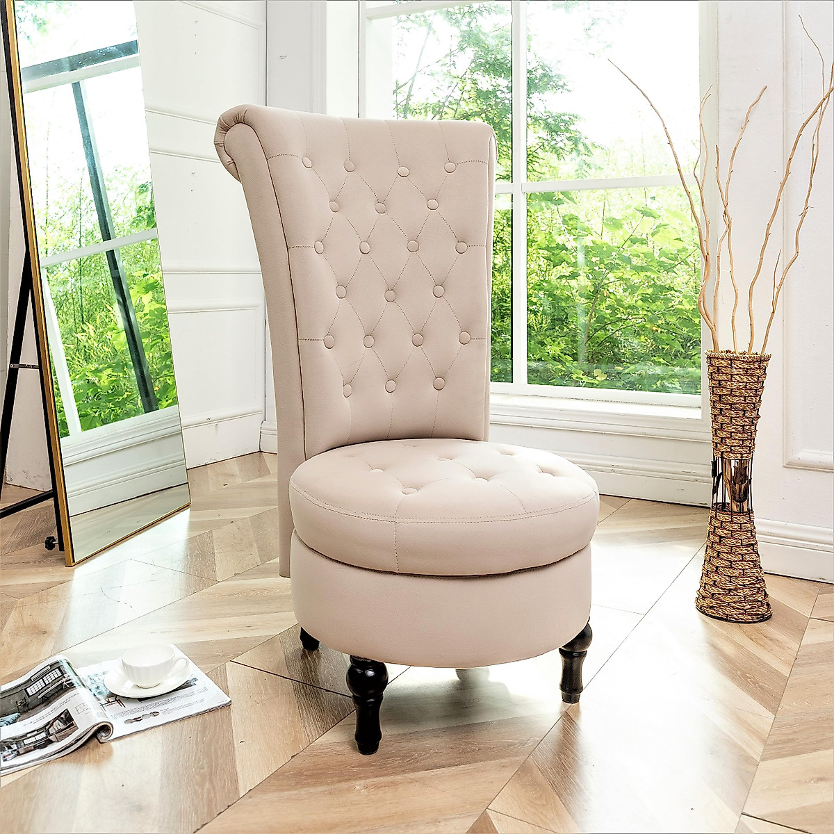 Container Furniture Direct Royal High-Back Velvet Accent Chair for Vanity with Storage and Luxurious Upholstery, Retro Design and Versatile Usage for Living Room, Bedroom, Lounge and Office, Ivory