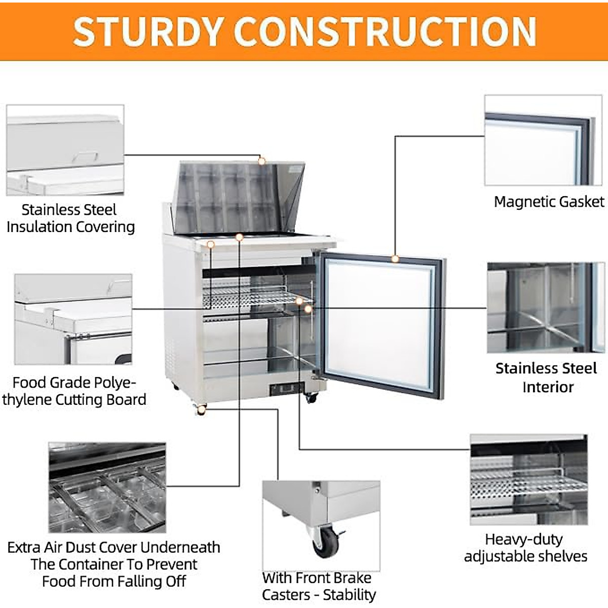 CHUMART 29" W Sandwich Salad Prep Table Refrigerator 9 Cu.Ft Commercial Refrigerators, Fan Cooling Food Prep Fridge with 8 Pans, Salad Bar with Cut Board for Buffet Restaurant, Bar, Shop, etc