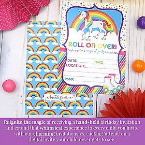 Colorful Unicorn Rainbow Roller Skating Birthday Party Invitations, 20 5x7 Fill In Cards with Twenty White Envelopes by AmandaCreation