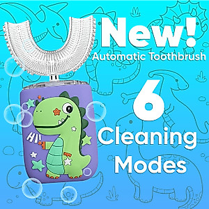 BubblezKidz – Kids Electric Toothbrush – U Shaped Dinosaur Cartoon – Ultra Sonic 6 brush Cleaning Modes w/ Smart Timer – Ages 2-18 Years Old – IPX7 Waterproof, Rechargeable, With Stickers (Dinosaur)