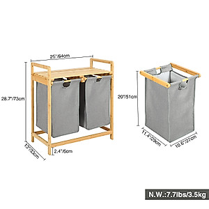 ALAPUR 2 Sections Bamboo Laundry Hamper with Sliding Removable Bags, Wooden Freestanding Laundry Basket with Shelf, Laundry Sorter for Bathroom Living Room Bedroom Laundry Room, Gery