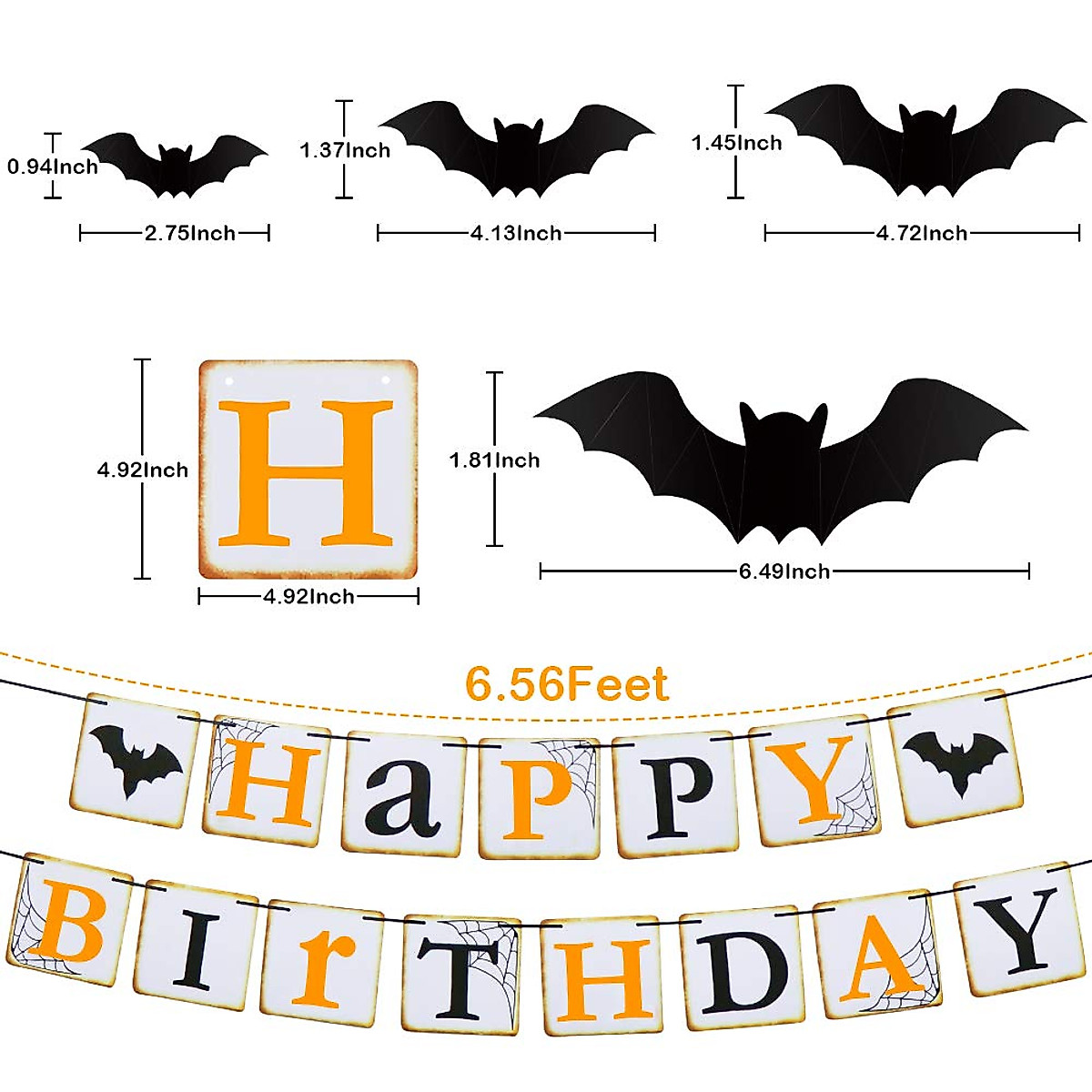 Halloween Birthday Party Decorations, Orange Black Latex Balloons Happy Birthday Banner 32pcs Black Vampire Bats for Kids Halloween Theme Birthday Party Supplies Kit