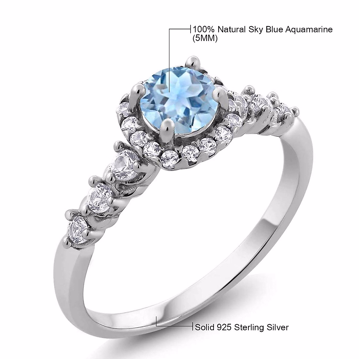 Gem Stone King 925 Sterling Silver Aquamarine and White Topaz Engagement Ring For Women | 0.87 Cttw | Gemstone Birthstone | Available 5,6,7,8,9 (Size 8)