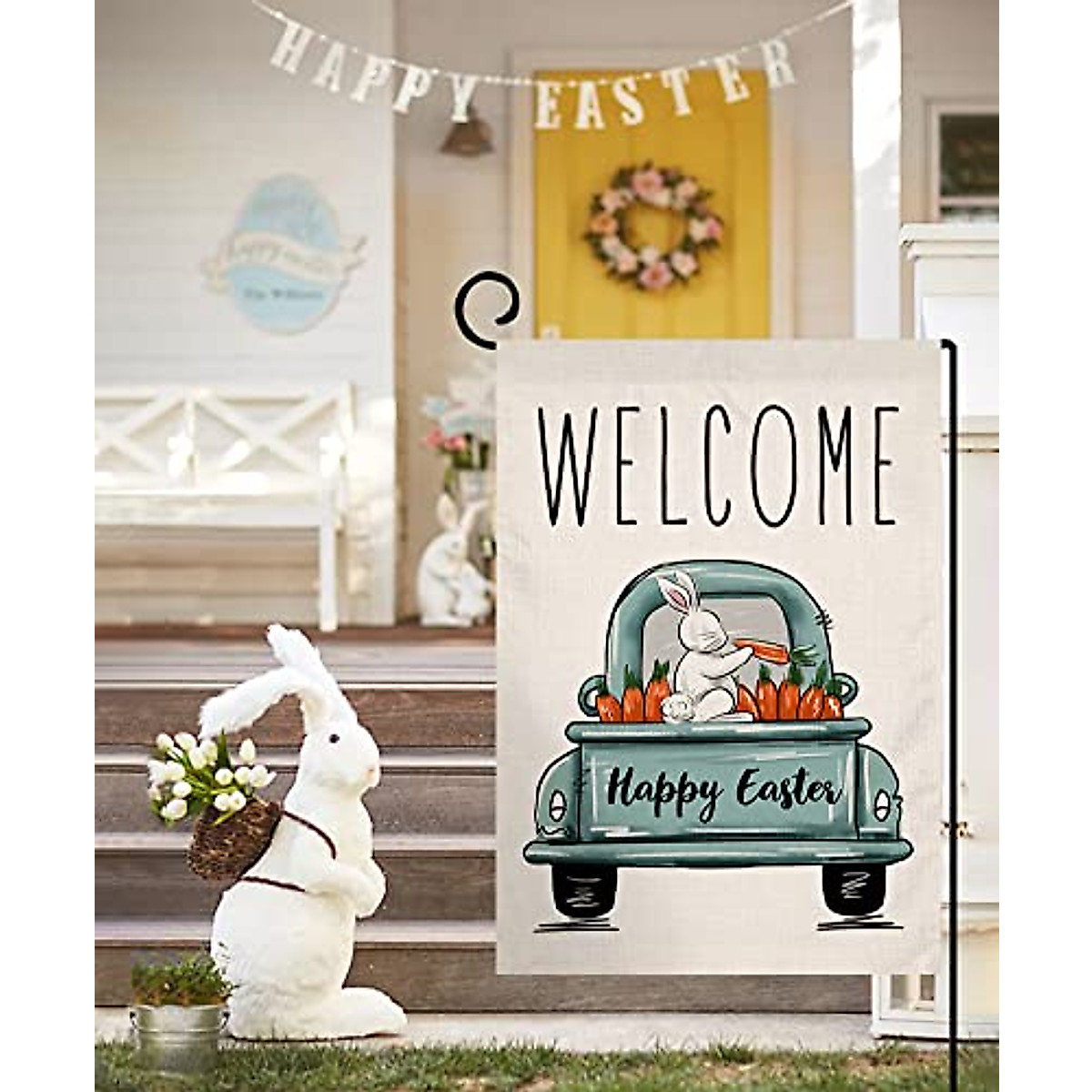 Sambosk Easter Bunny Carrot Small Garden Flag Vertical Double Sided Burlap Happy Easter Truck Spring Farmhouse Yard Outdoor Decoration 12 x 18 Inches