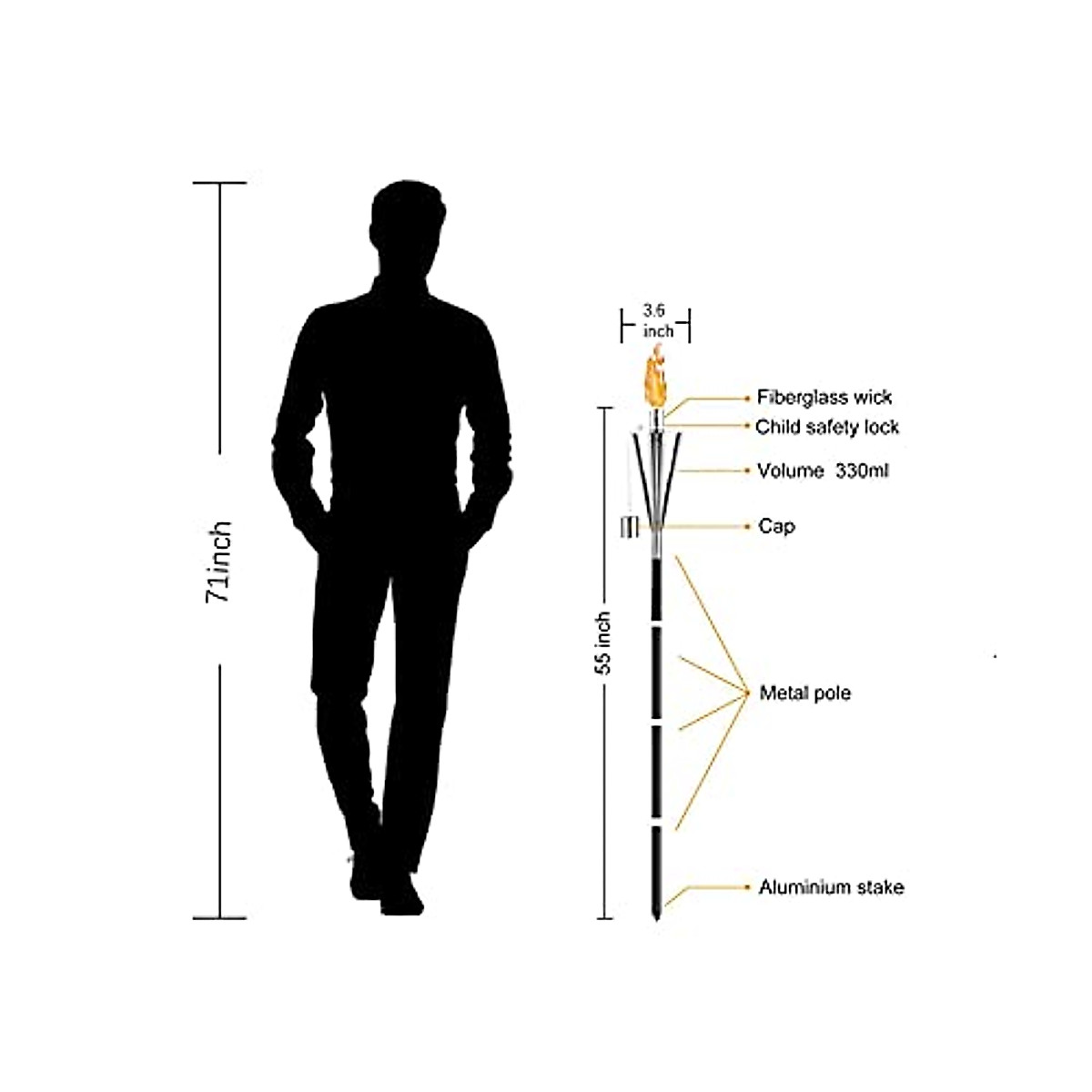 FAB BASED Oil Torch Lamp Torch for Patio/Garden/Lawn/Backyard - 55 inch - Stainless Steel - Fiber Glass Wick - Set of 2 Pieces-Outdoor Oil Lamp for Citronella (Silver)