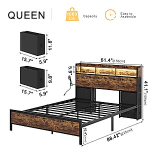 HAUSOURCE Queen Bed Frame with Bookcase Headboard and 6 Headboard Storage Drawers LED Lights Metal Platform Non-Slip Without Noise Metal Slats Support No Box Spring Needed