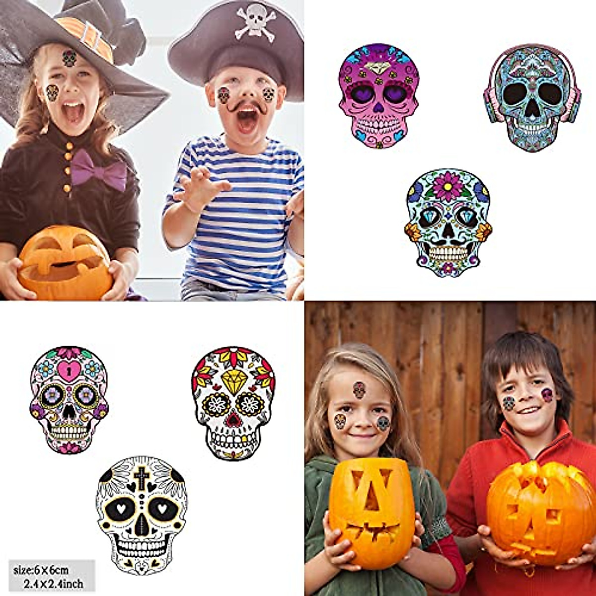12 Sheets Halloween Face Tattoos Day of the Dead Face Sugar Skull Tattoos, Including 6 Large Sheets Halloween Sugar Skull Temporary Face Tattoos
