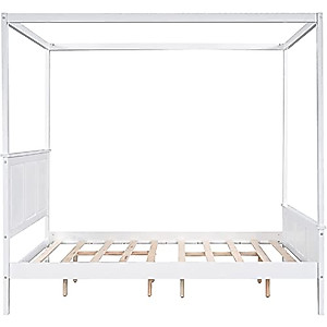 CITYLIGHT Canopy Bed with Headboard & Footboard,Wooden Canopy Bed Frame Queen , Queen Platform Bed Frame with Slat Support Legs for Teens Adults, No Box Spring Needed (Queen ,White)