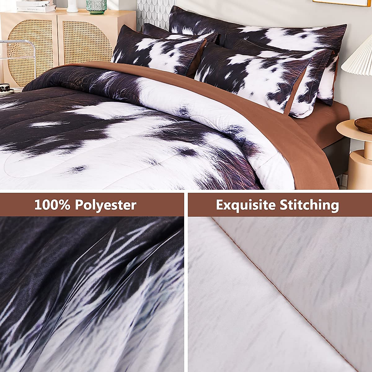 SUCSES Cow Print Comforter Set Queen Size, 8Pcs Cow Fur Print Bed in A Bed, Western Highland Cowhide Bedding Sets with Comforter and Sheets, Super Soft Farmhouse Style Bed Quilt Set for Teens Boys