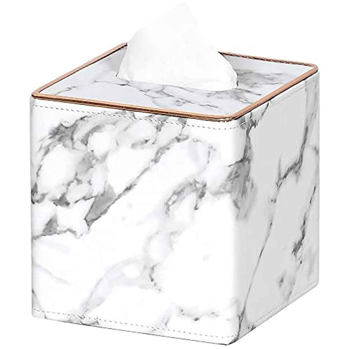 GOLRANLYE Tissue Box Cover Square PU Leather Facial Tissue Box Holder for Dresser Bathroom Decor (White Marble Pattern)
