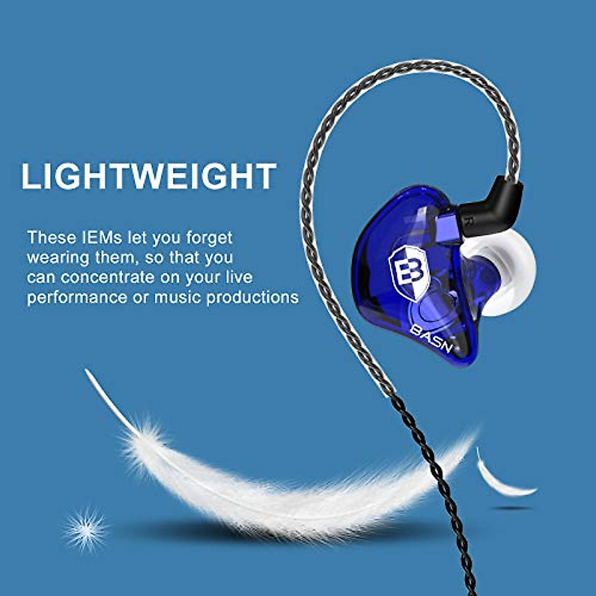 BASN Bsinger BC100 in Ear Monitor Headphones Universal Fit Noise Isolating IEM Earphones for Musicians Singers Studio Audiophiles (Blue)