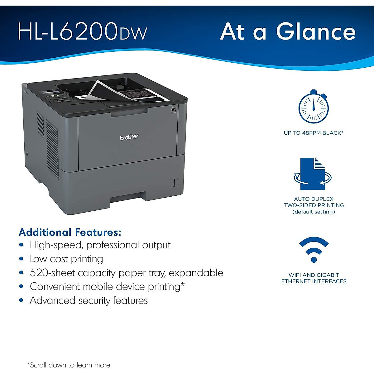 Brother HL-L62 Series Compact Monochrome Laser Printer, 48ppm, 520 Sheets, Wireless, Mobile Printing, Auto 2-Sided Printing, with MTC Printer Cable