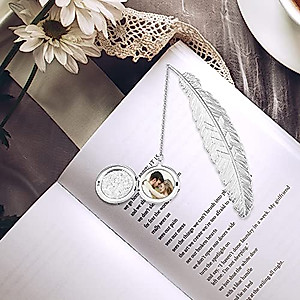 Personalized Master Metal Photo Bookmark Feather Bookmark Custom Picture Locket Pendant for Men Women Readers Book Worms Birthdays Christmas Valentine's Day Memorial Gift Silver 1pc
