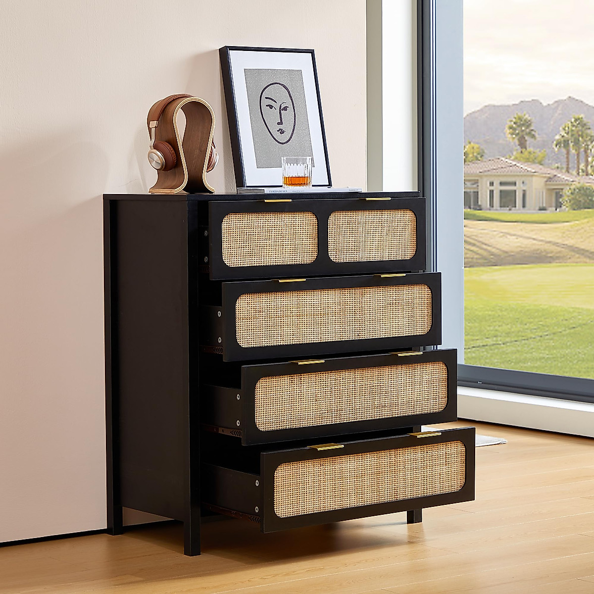 QEIUZON 4 Drawer Dresser, Modern Rattan Dresser Chest with Wide Drawers and Metal Handles, Farmhouse Wood Storage Chest of Drawers for Bedroom, Living Room, Hallway, Entryway (Black-4 Drawers-2 Packs)