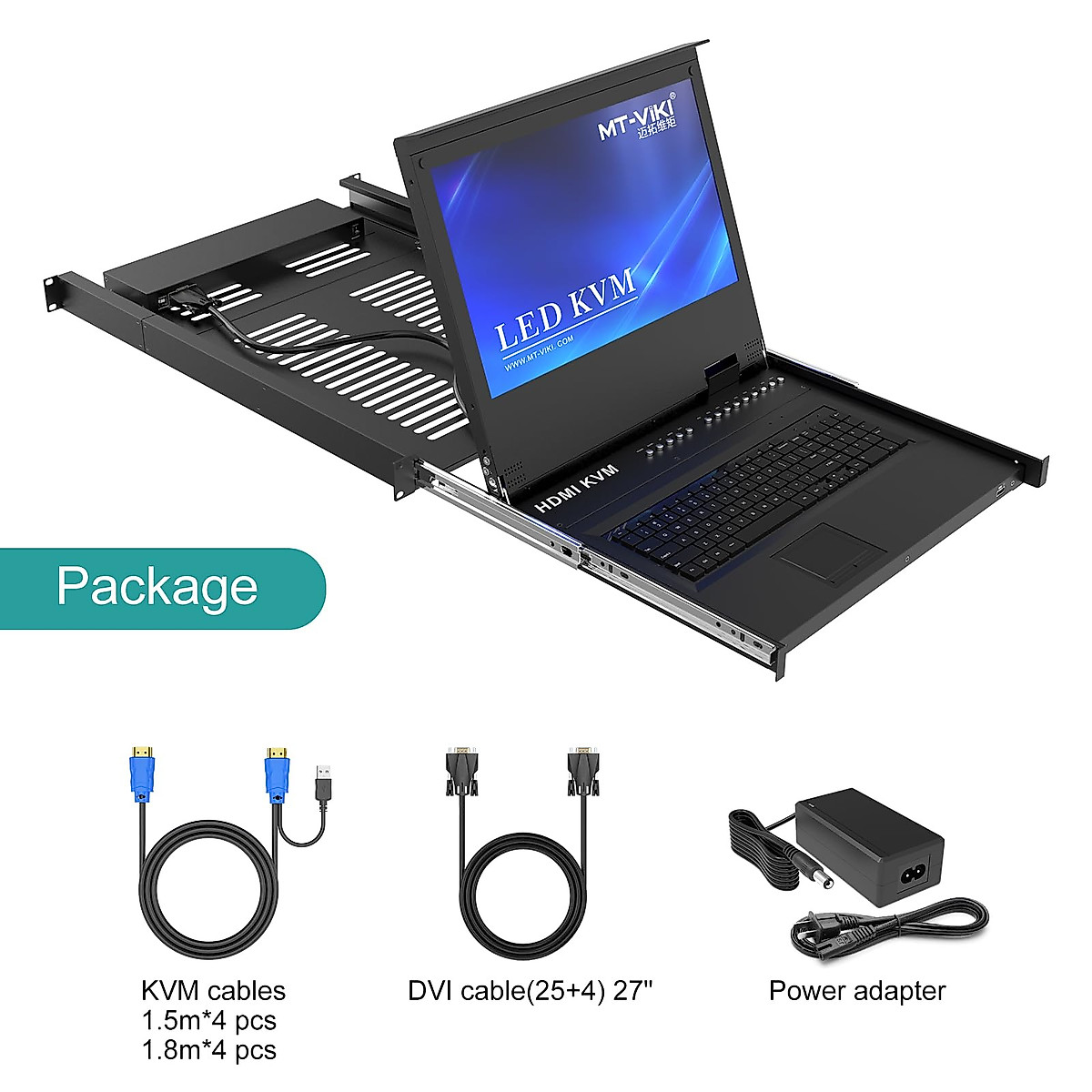 MT-VIKI® Rack Mount KVM HDMI w/ 17.3'' LCD Monitor, 1080P 8 Port LCD KVM Console Integrated Touch-pad++Monitor+Keyboard+8 KVM Cables, Support OSD/Hotkey, Fit 1U 19'' Rack