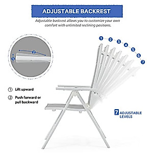Soleil Jardin Folding Patio Chairs Set of 4, Aluminum Portable Reclining Lawn Chairs with Adjustable High Backrest & Soft Padding, Outdoor Dining Chairs for Porch Pool Yard, No Assembly, White & Gray