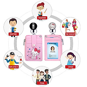 【2024Latest】Cute ID Badge Holder Retractable Lanyard Reel Clip with Heavy Duty Carabiner,5 Card Slots in2 Sided with Key Ring and Zipper for Students Teens Boys Girls Office Staff Women (01 Pink CatA)