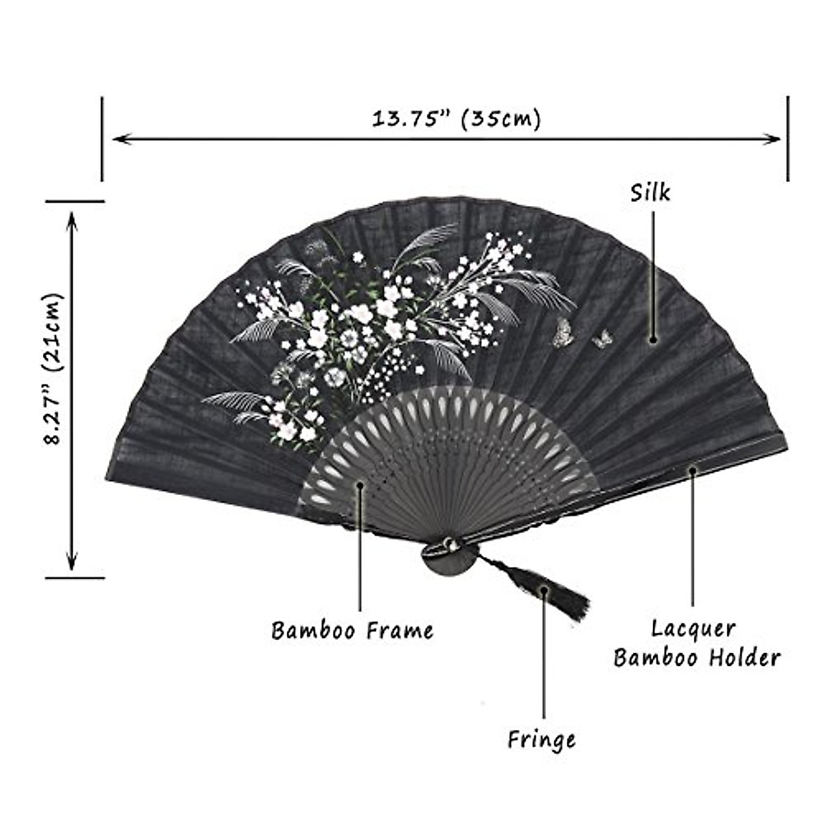 OMyTea Folding Hand Fan for Women - Foldable Japanese Chinese Oriental Vintage Retro Bamboo Silk Fan - for Church, Decoration, Hot Flash, Dance, Performance, Party, Gift (Black Grassflowers)