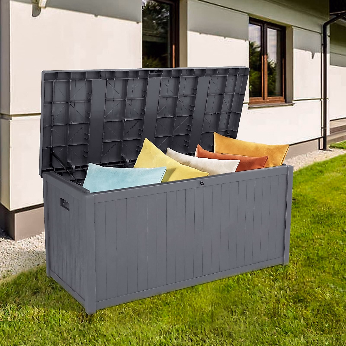 EPOFIT 113 Gallon Resin Deck Box, Waterproof Outdoor Storage Box with Lockable Lid and Handles, Large Deck Storage for Outdoor Gear, Patio Furniture Cushion, Gardening Tools, Grey