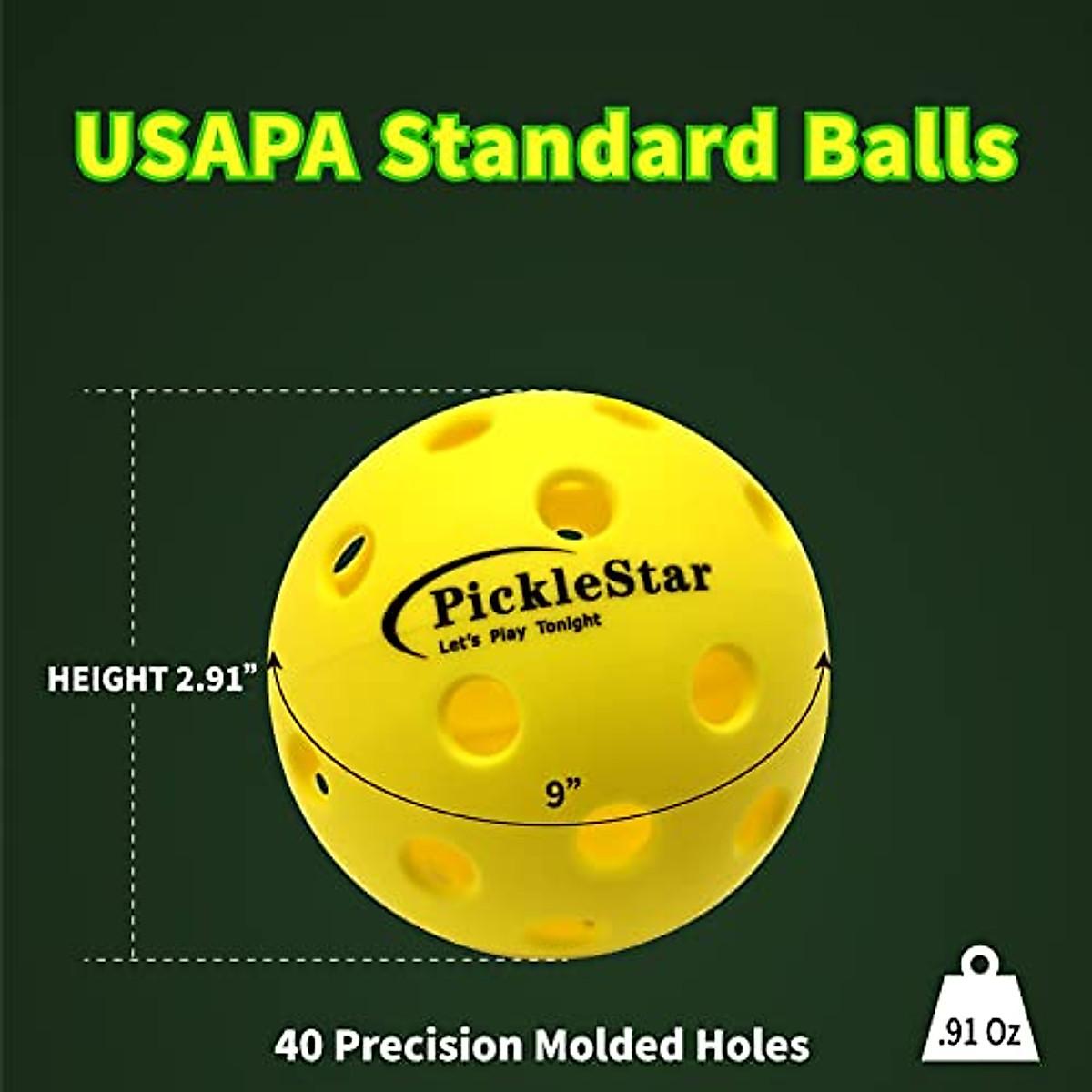 PickleStar LED Light Up Pickleball Balls, USAPA Standard Outdoor 40 Holes Yellow PickleBalls with Green Light 4 Pack LED Light Up Pickle Balls, Batteries Included…