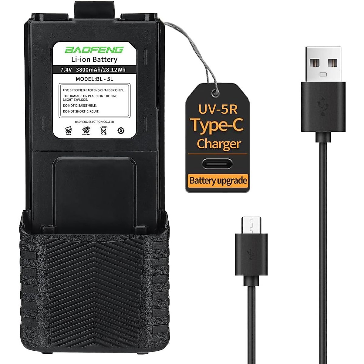 BAOFENG BL-5 3800mAh Extended Battery Walkie Talkie UV-5R BF-8HP UV-5RX3 RD-5R UV-5RTP UV-5R MK2 MK3X MK5 Plus Series Two Way Radios (UV-5R 3800+Type-C Charging Cable)