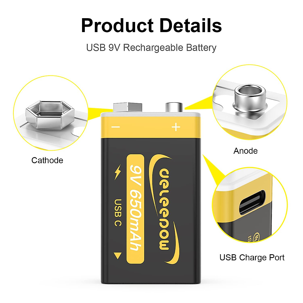 Deleepow Rechargeable 9V Batteries USB C 650mAh, 9V Lithium Batteries Rechargeable 800 Cycle with USB Cable