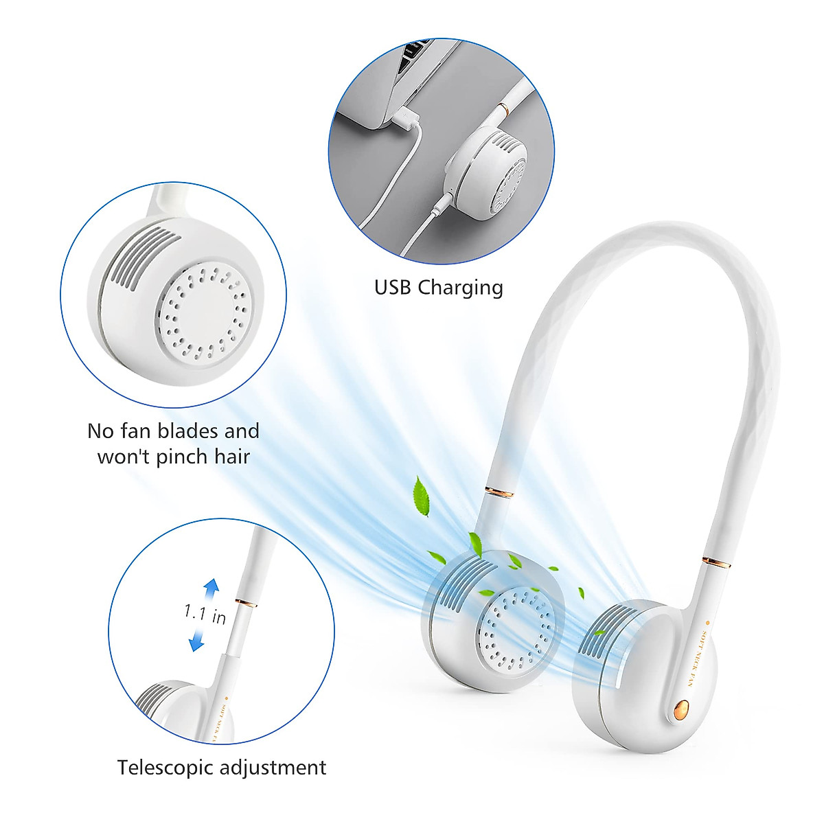 Comfier Portable Neck Fan,Hands Free Bladeless Personal Fans,Rechargeable Usb Fan,3 Speeds 360° Cooling, Wearable Personal Neck Fan for Women,Men,Kids,LED Lights,for Office Travel Outdoor Sports