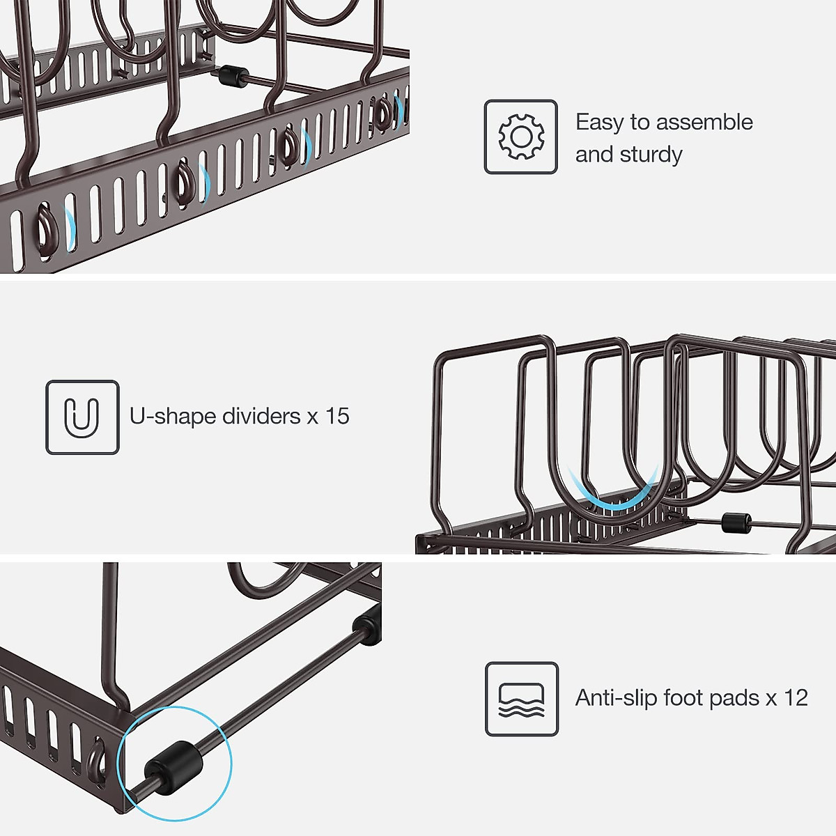 Puricon (3 Set) Pot Rack Pan Lid Organizer with 15 Adjustable Dividers, Pot Lid Skillet Griddle Cutting Board Baking Pan Holder, Cookware Rack for Kitchen Cabinet Cupboard Pantry Storage -Bronze